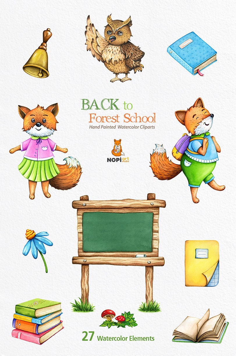 School Watercolor Clipart, Back to Forest Education School Supplies ...