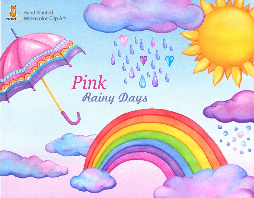 Watercolor Weather Clipart, Clouds Rainbow Sun Umbrella, Autumn Winter ...
