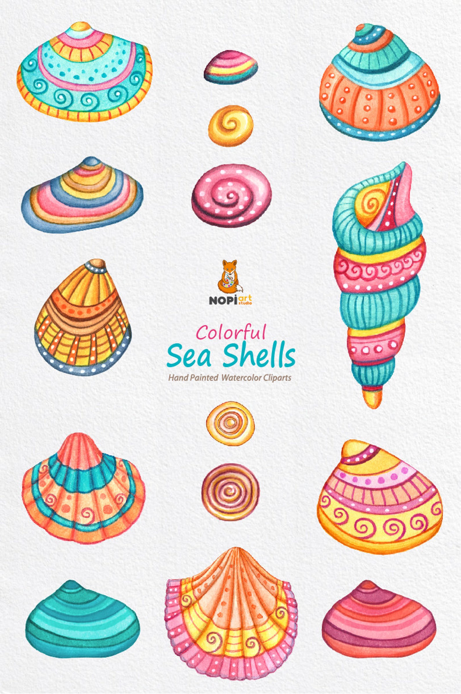 Colorful Watercolor Seashells Clipart, Hand Painted Nautical Ocean ...