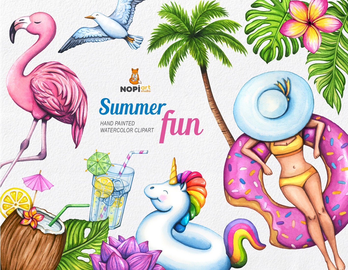 Summer Watercolor Clipart, Girl Tropical Flowers Leaf Coconut Flamingo ...