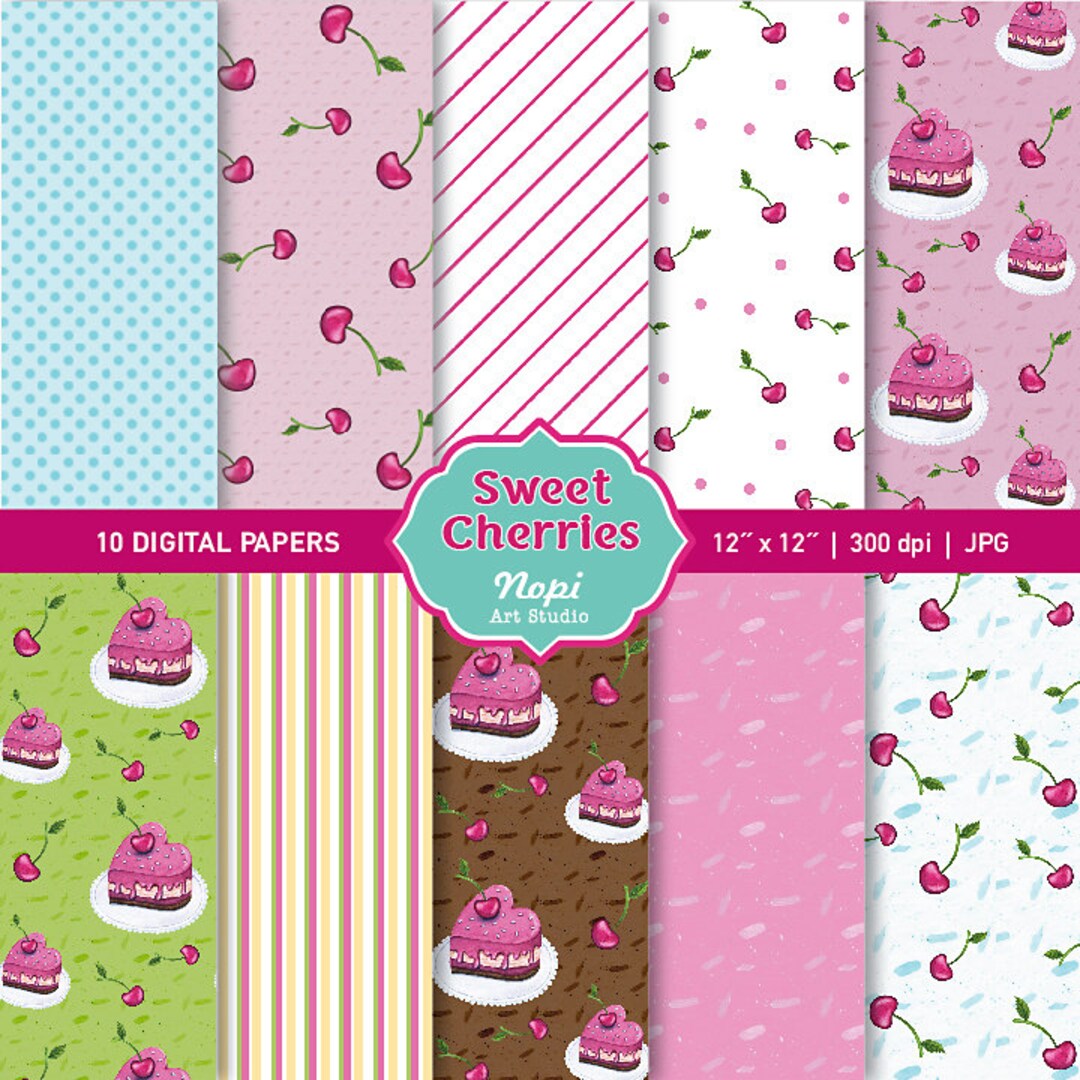 Cherry Digital Paper, Cute Watercolor Cherries Cake Kitchen Paper ...