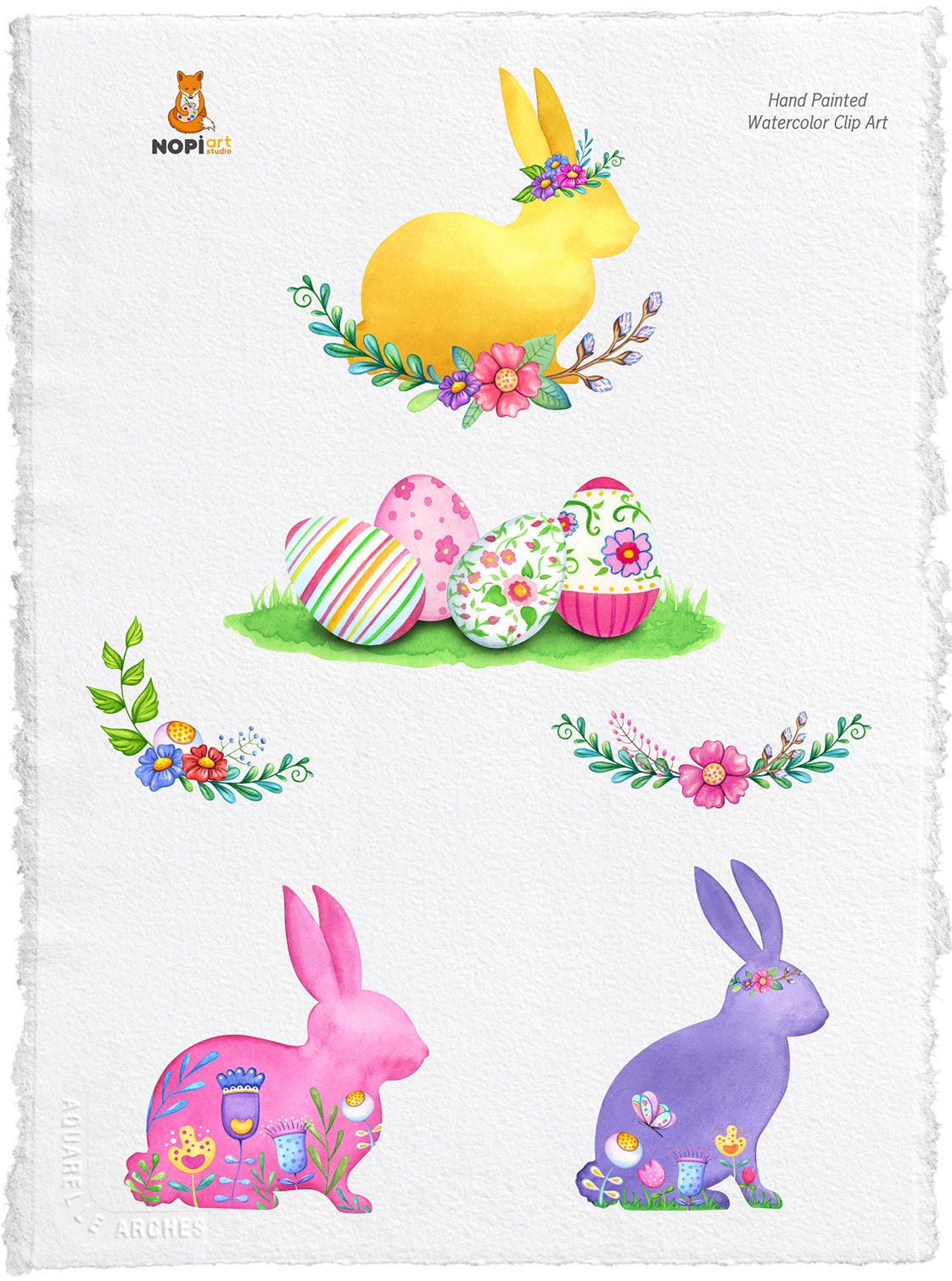 Easter Spring Watercolor Clipart Easter Floral Bunny Easter Eggs ...