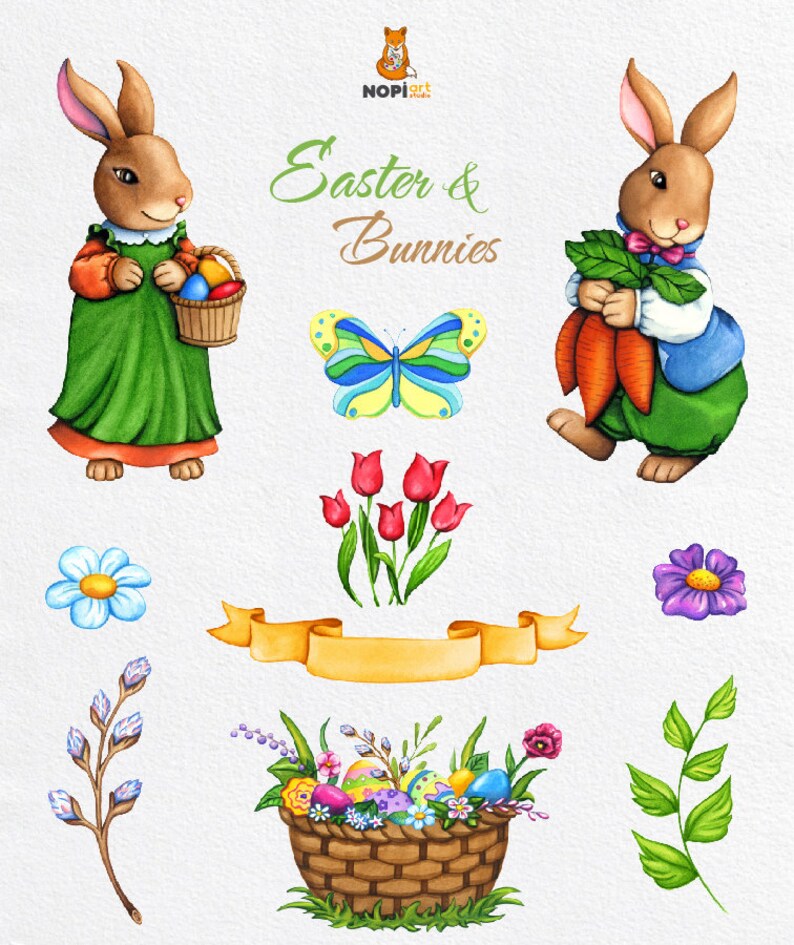 Watercolor Easter Clipart, Cute Easter Boy Girl Bunny, Easter Basket ...
