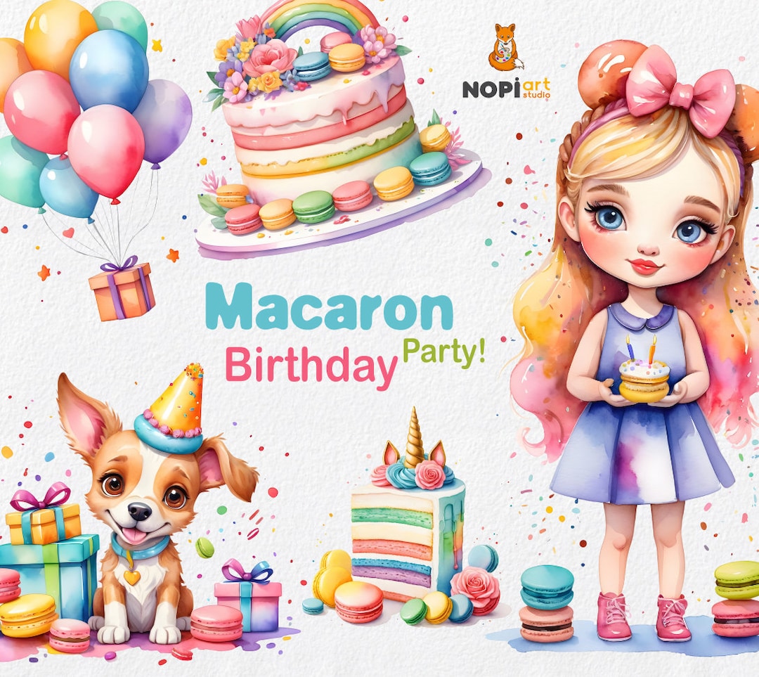 Cute Birthday Party Clipart, Watercolor Cake Clipart Macarons Balloons ...