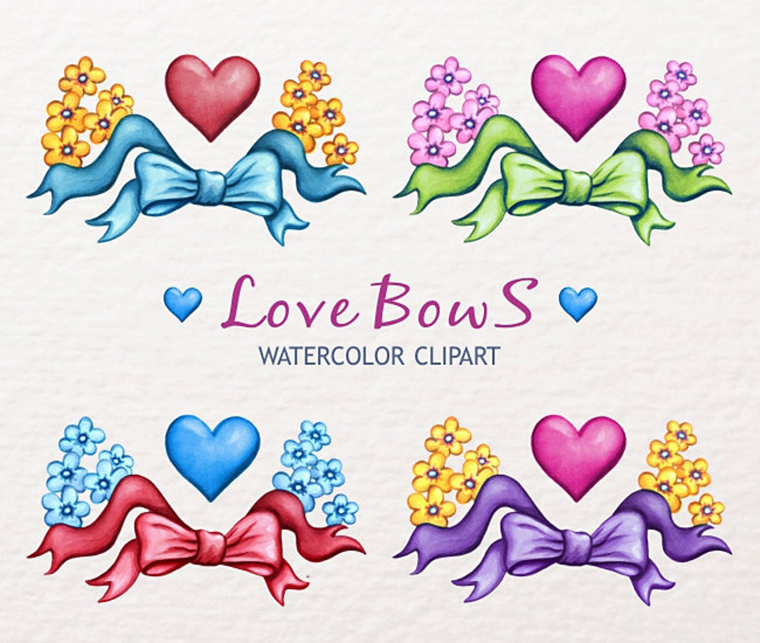 Watercolor Bows Clipart With Heart, Valentine Love Bows, Heart Ribbon ...