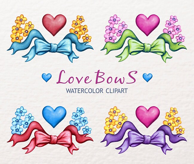 Watercolor Bows Clipart With Heart, Valentine Love Bows, Heart Ribbon ...