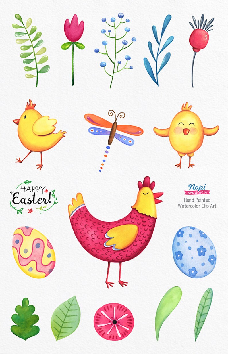 Easter Watercolor Clip Art, Easter Chicken, Egg, Chick, Spring Flowers ...