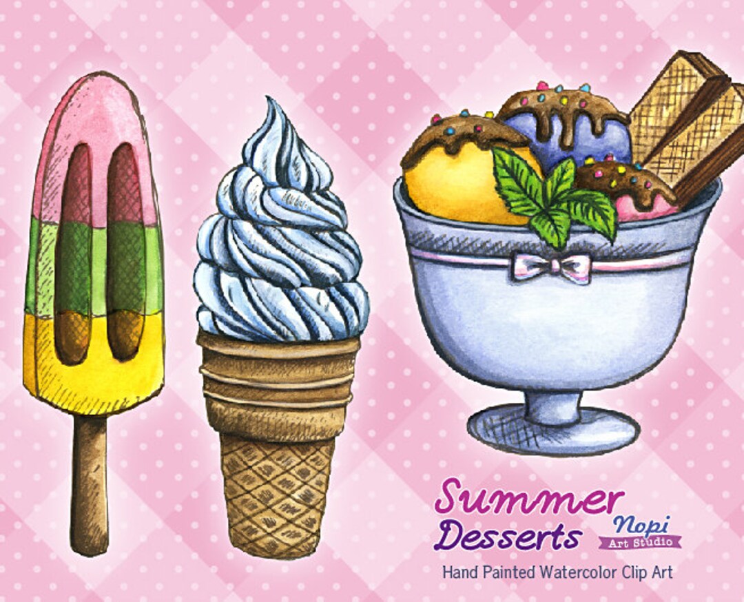 Watercolor Ice Cream Clipart, Sweets Clipart, Summer Desserts, Ice ...