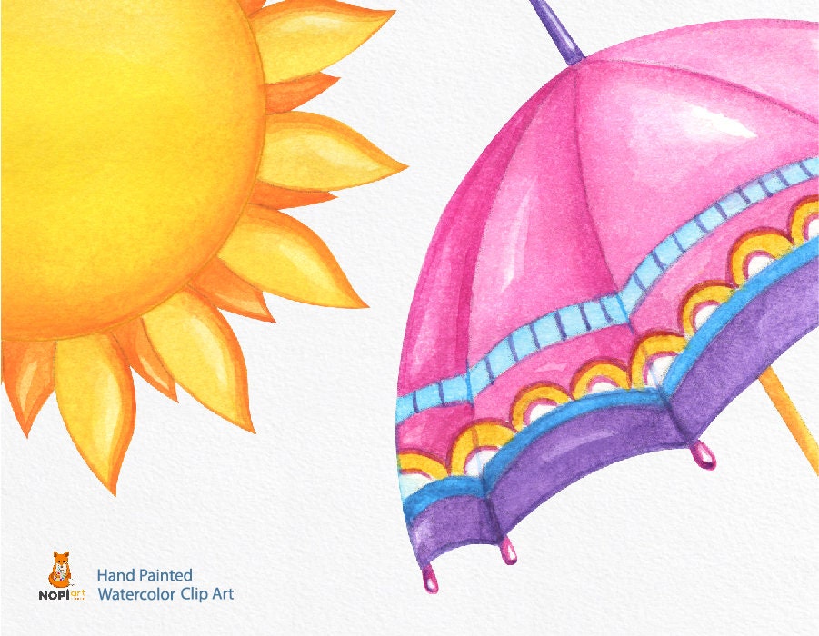 Watercolor Weather Clipart, Clouds Rainbow Sun Umbrella, Autumn Winter ...