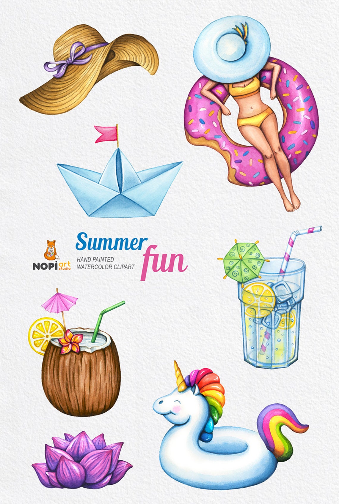 Summer Watercolor Clipart, Girl Tropical Flowers Leaf Coconut Flamingo ...