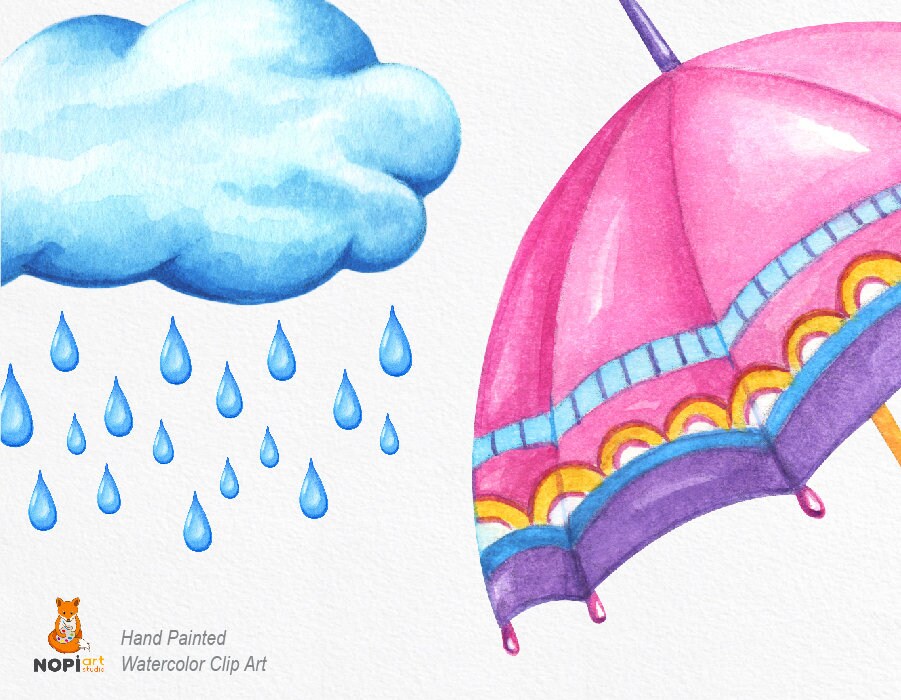 Weather Clipart, Clouds Rainbow Umbrella Watercolor Clipart, Autumn ...