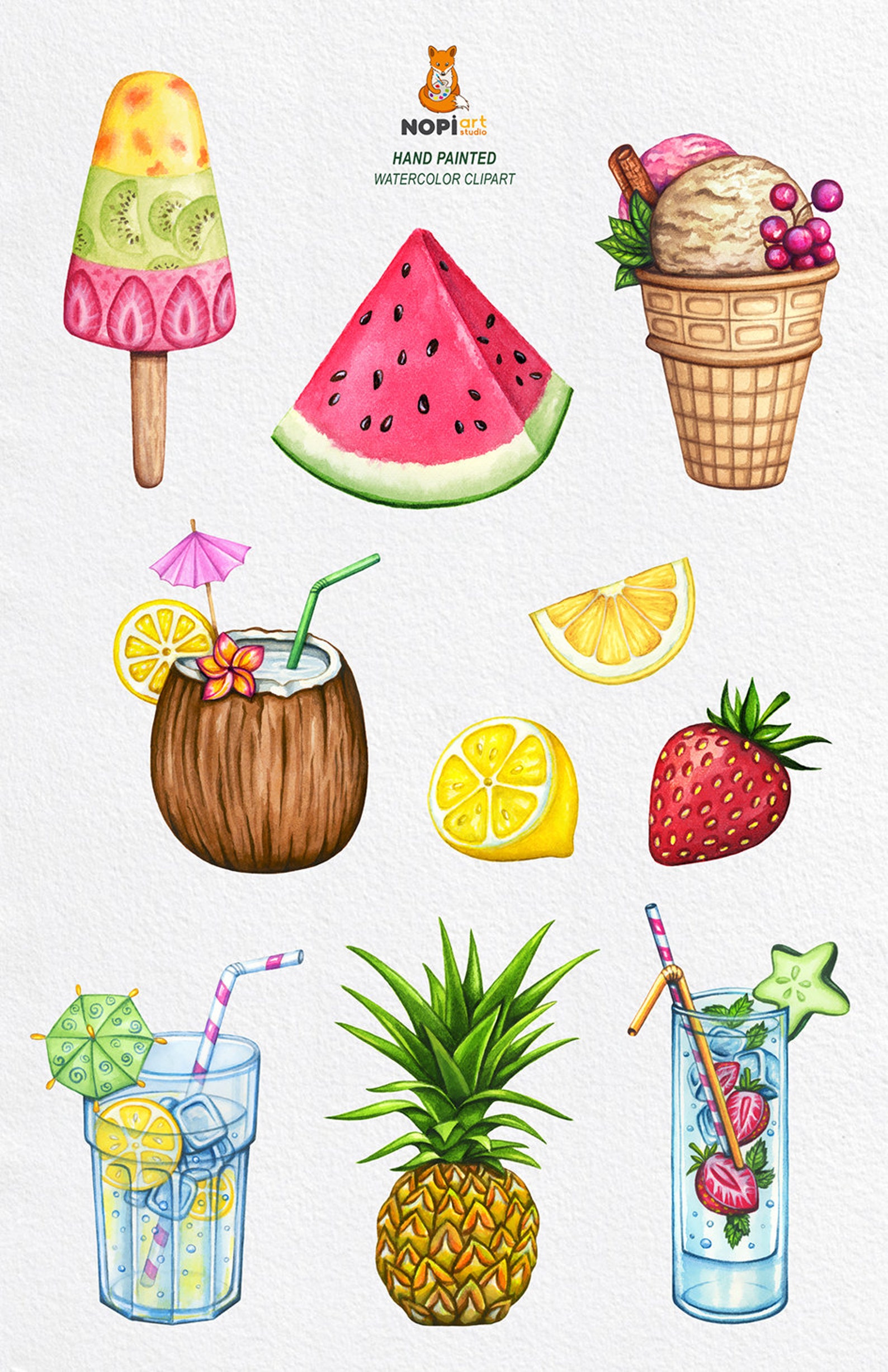 Summer Watercolor Clipart Fresh Fruits Ice Cream Cocktail Party, Food ...
