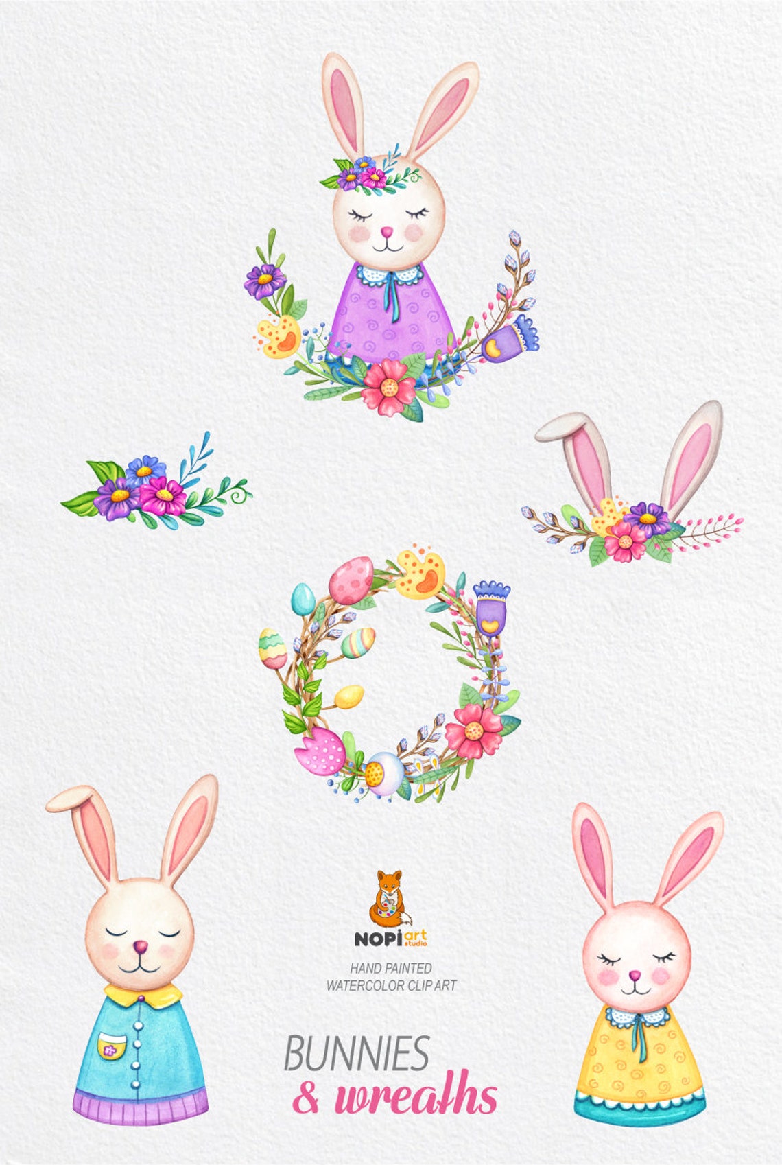 Easter Bunnies & Wreaths, Watercolor Little Animals, Floral Clipart ...