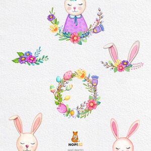 Easter Bunnies & Wreaths, Watercolor Little Animals, Floral Clipart ...