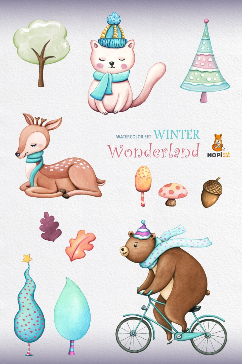 Winter Forest Animals Watercolor, Christmas Holiday Clipart, Cute Cozy ...