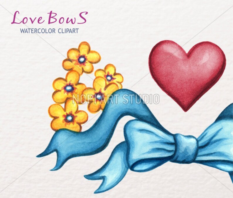 Watercolor Bows Clipart With Heart, Valentine Love Bows, Heart Ribbon ...