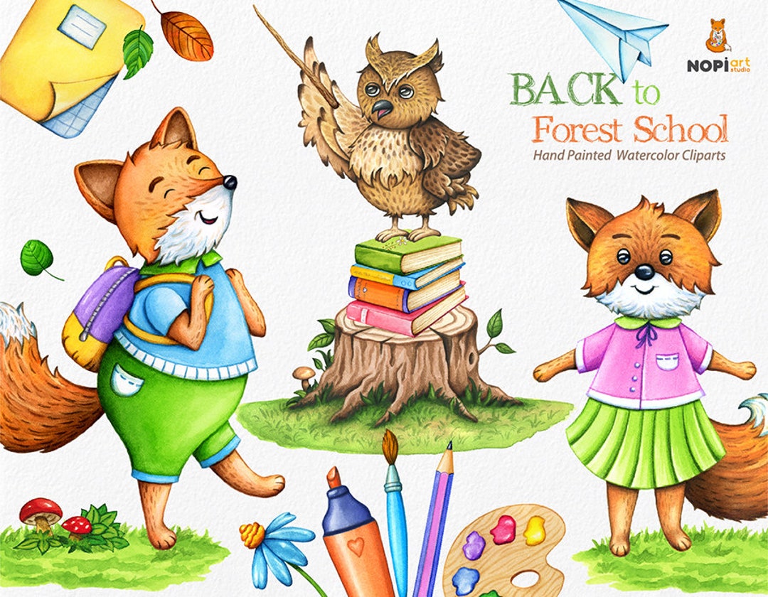 School Watercolor Clipart, Back to Forest Education School Supplies ...