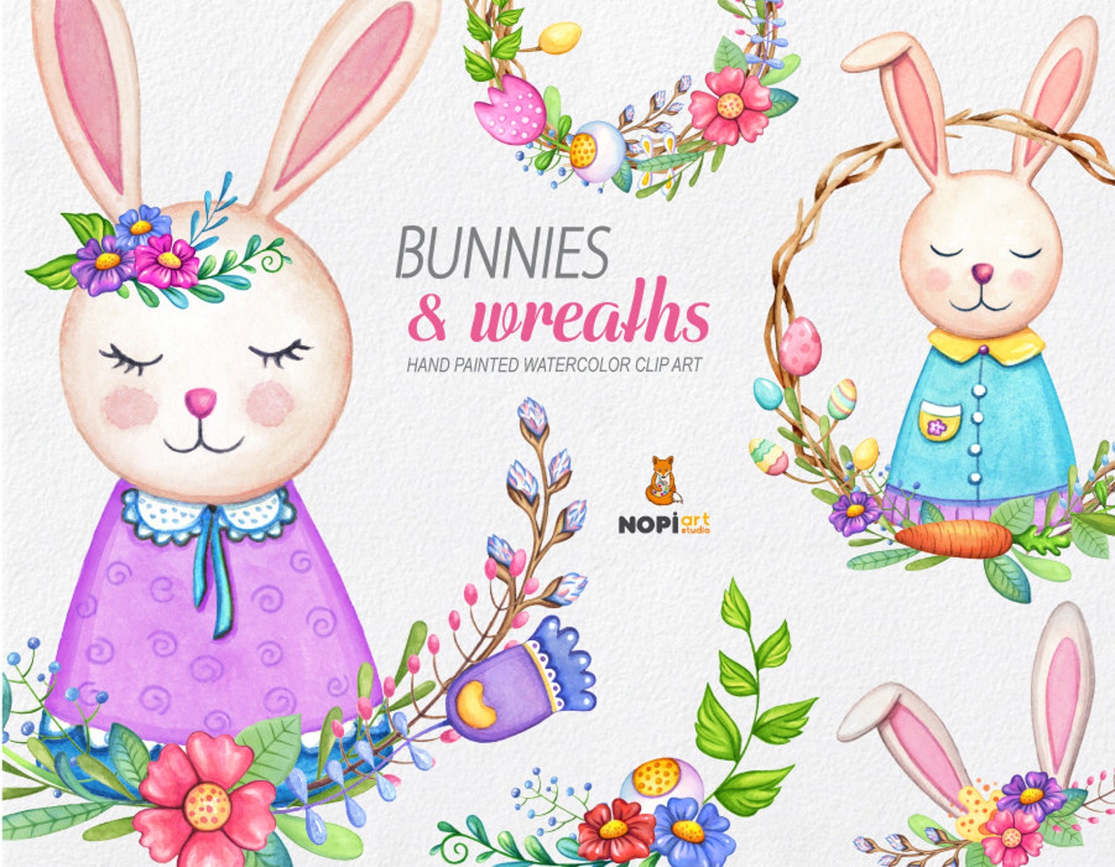 Easter Bunnies & Wreaths, Watercolor Little Animals, Floral Clipart ...