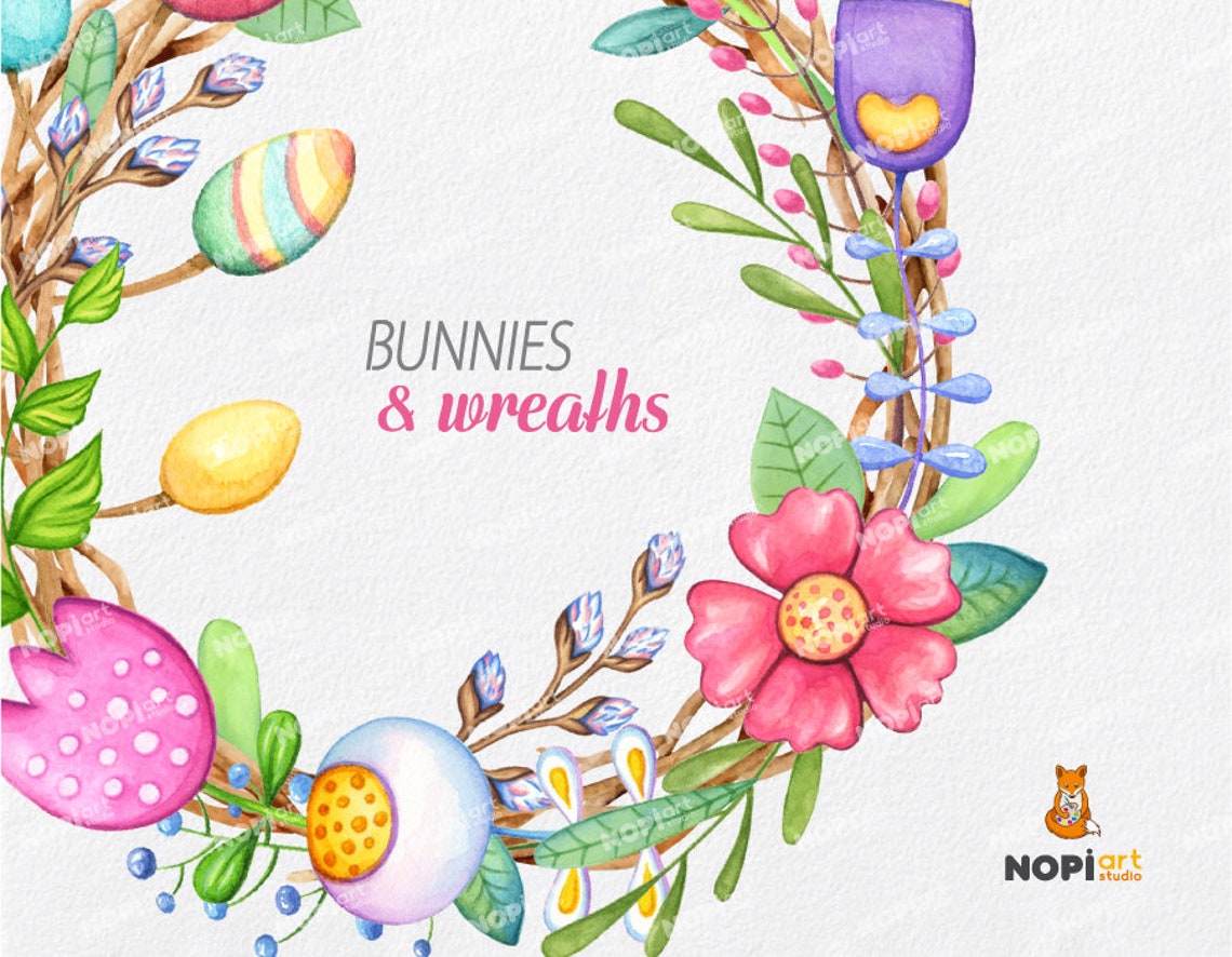 Easter Bunnies & Wreaths, Watercolor Little Animals, Floral Clipart ...