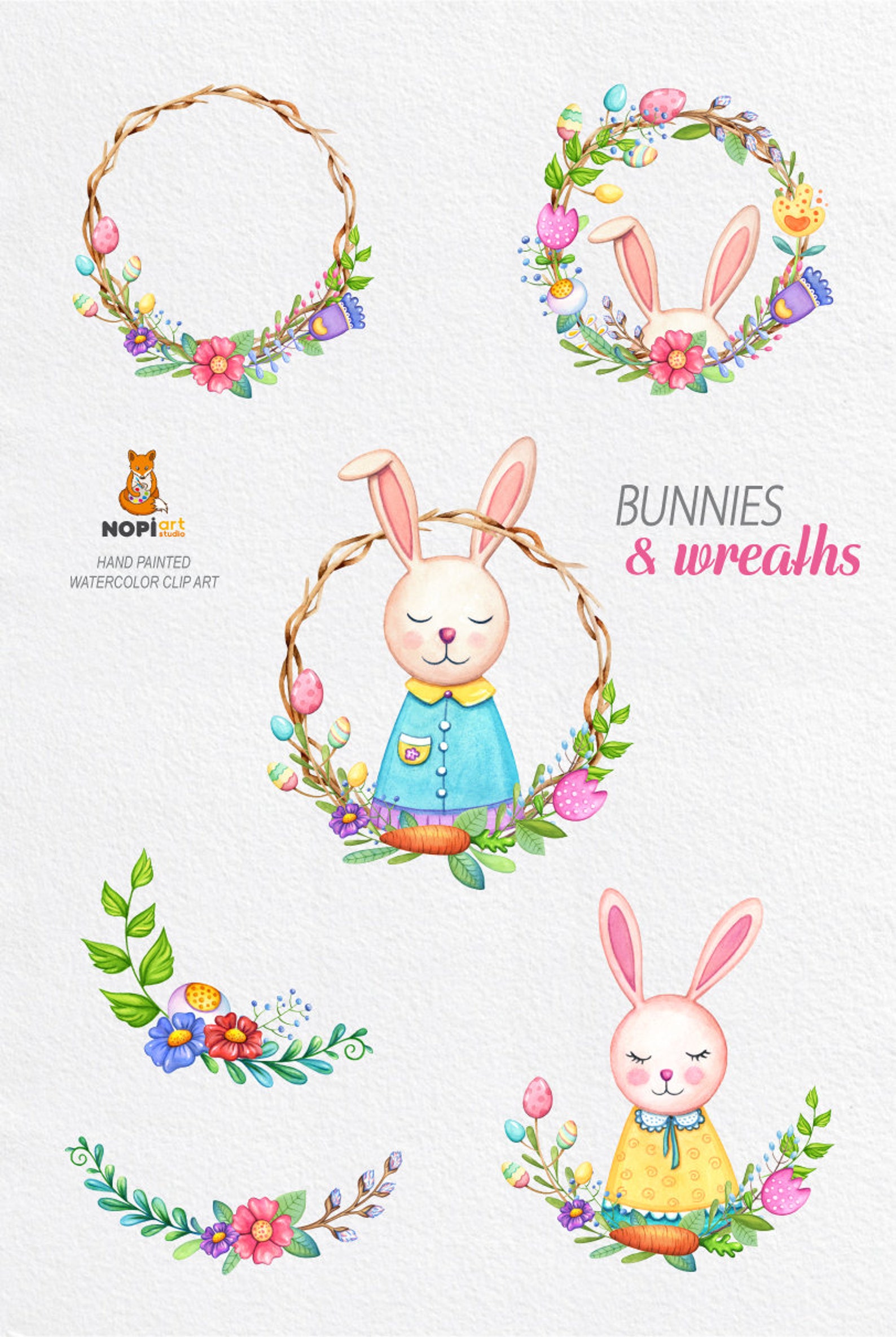Easter Bunnies & Wreaths, Watercolor Little Animals, Floral Clipart ...