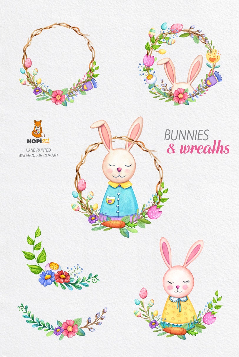 Easter Bunnies & Wreaths, Watercolor Little Animals, Floral Clipart ...