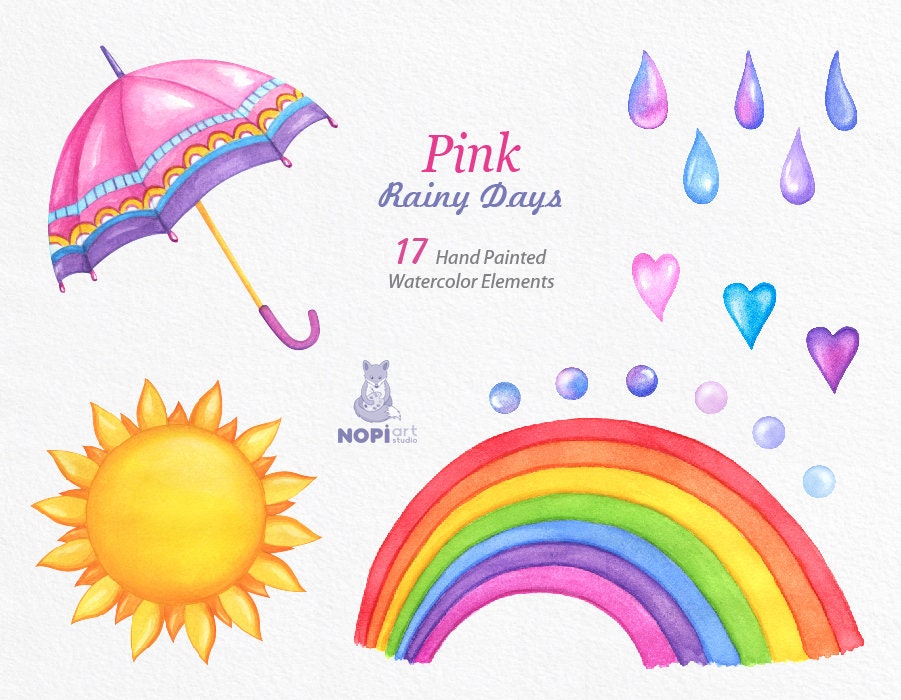 Watercolor Weather Clipart, Clouds Rainbow Sun Umbrella, Autumn Winter ...