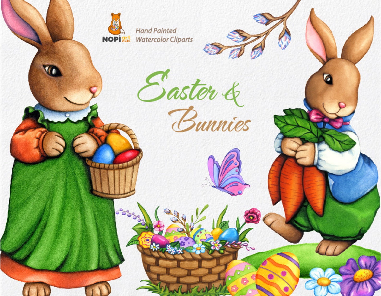 Watercolor Easter Clipart, Cute Easter Boy Girl Bunny, Easter Basket ...