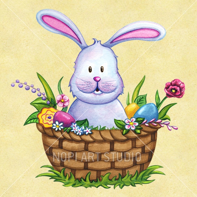 Easter Watercolor Clipart Bunny Rabbit, Easter Basket Eggs Flowers ...