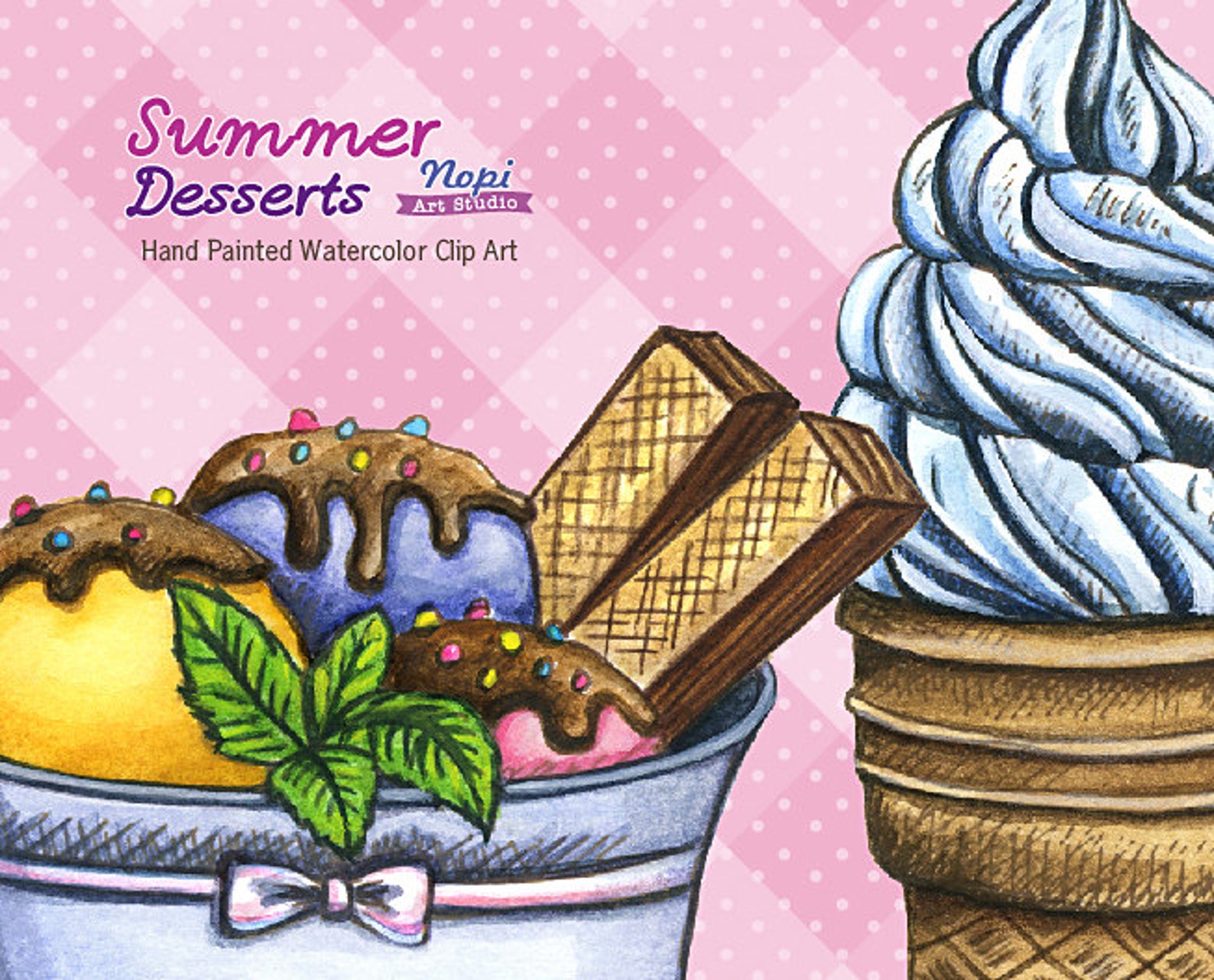 Watercolor Ice Cream Clipart, Sweets Clipart, Summer Desserts, Ice ...