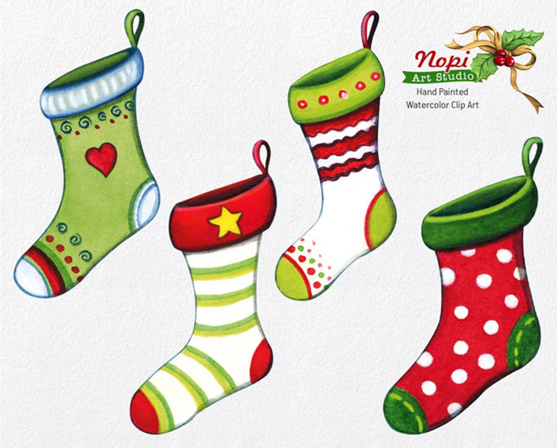Christmas Stockings Clip Art Set, Hand Painted Watercolor Xmas Elements ...