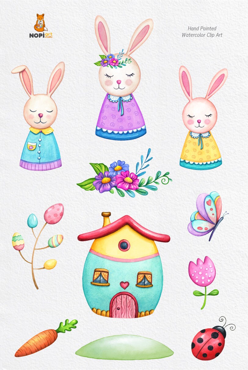 Watercolor Easter Clipart, Cute Easter Bunny, Easter Wreath Flowers ...