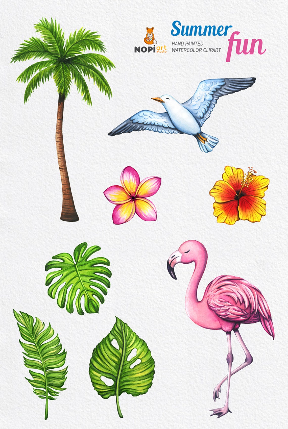 Summer Watercolor Clipart, Girl Tropical Flowers Leaf Coconut Flamingo ...