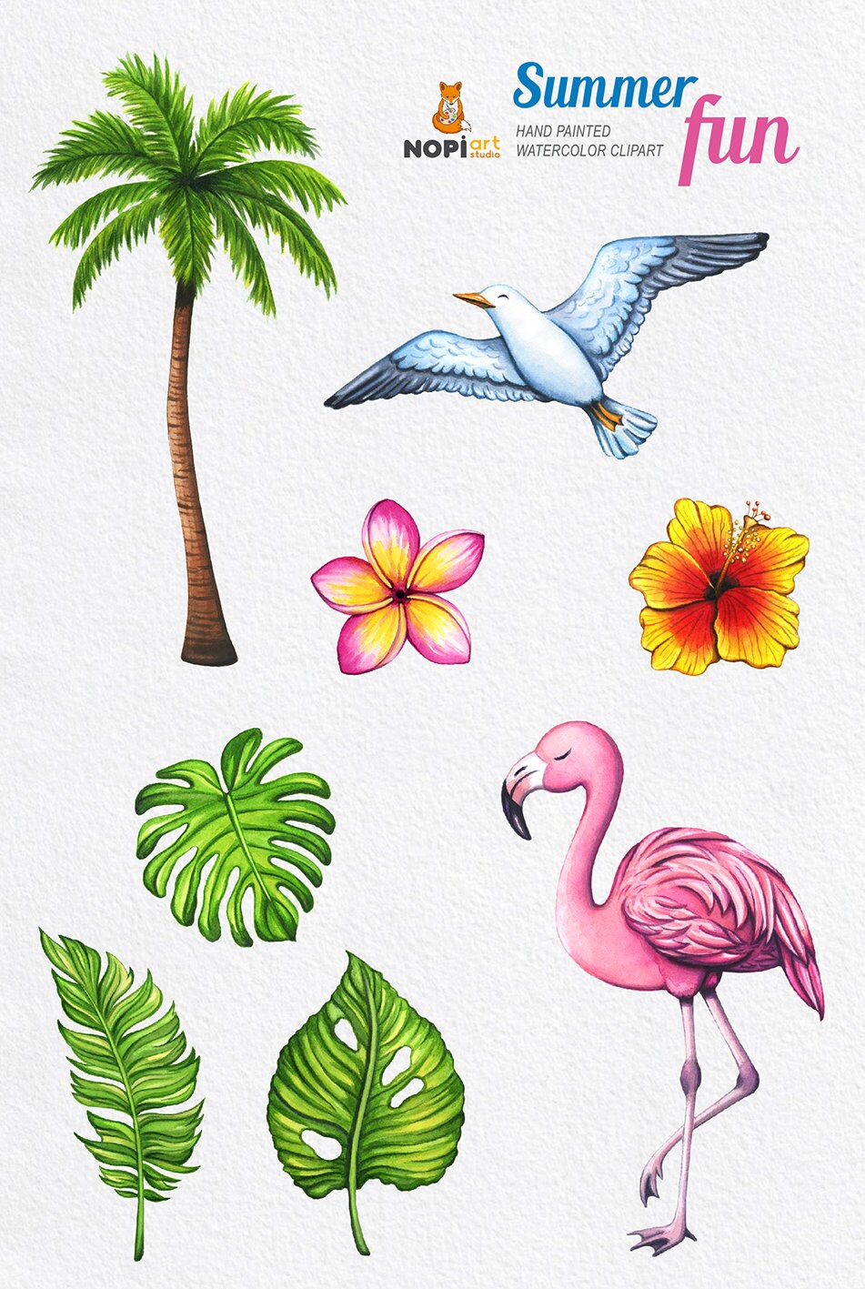 Summer Watercolor Clipart, Girl Tropical Flowers Leaf Coconut Flamingo ...