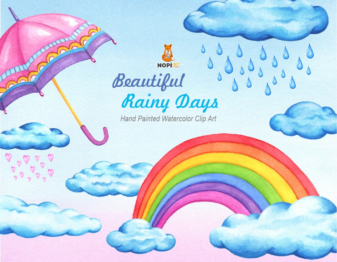 Weather Clipart, Clouds Rainbow Umbrella Watercolor Clipart, Autumn ...