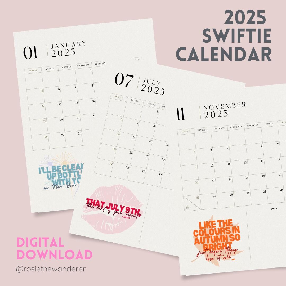 2025 Swiftie Calendar Printable- Digital Download- Printable Taylor ...