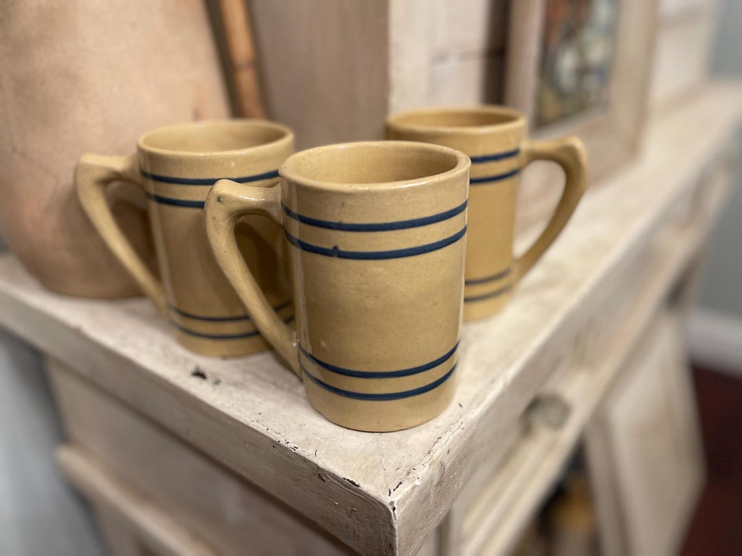 Set of Three Vintage Buckeye Stoneware Yellowware Blue Striped Mugs - Etsy