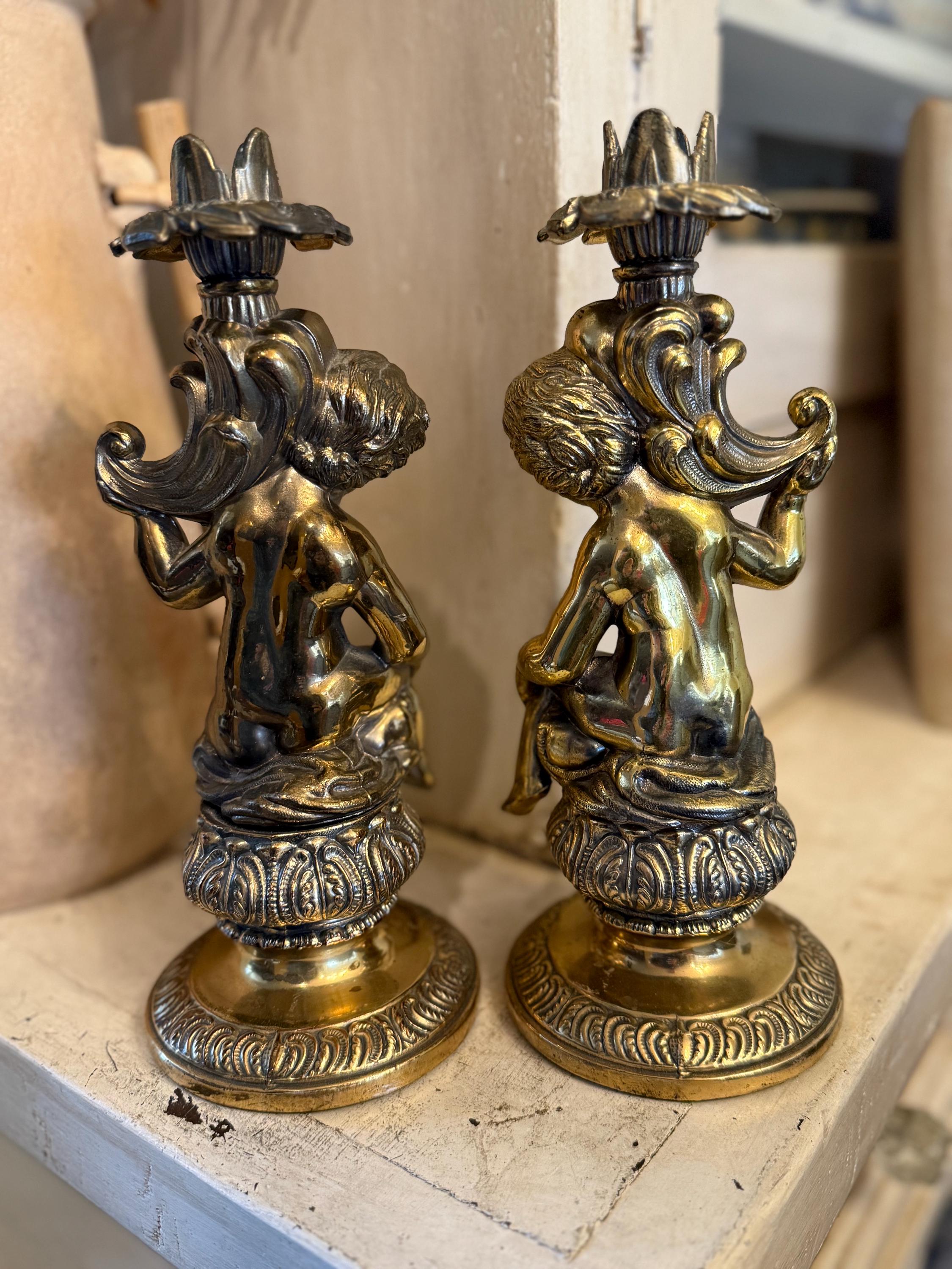 Pair of Vintage Ornate Rococo Style Brass Cherub Candle Stick Holders ...