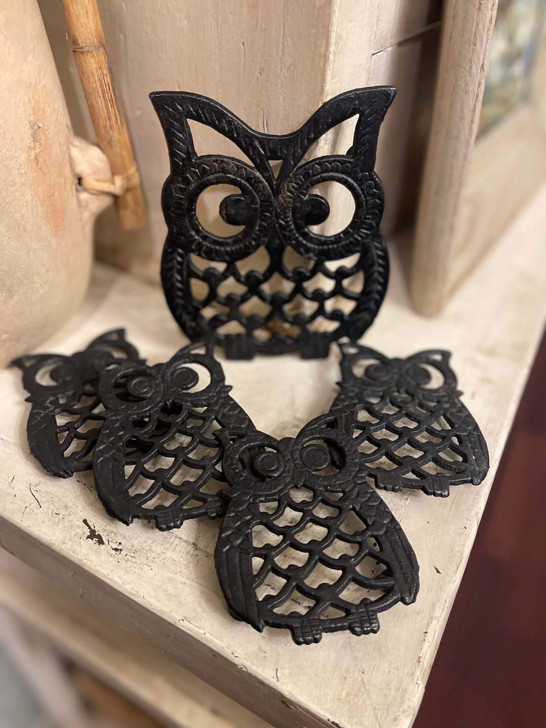 Set of 5 Vintage Cast Iron Owl Family Trivets Coasters - Etsy