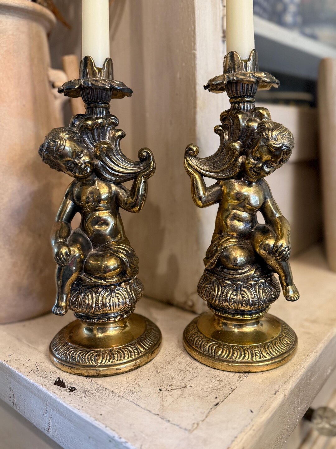 Pair of Vintage Ornate Rococo Style Brass Cherub Candle Stick Holders ...