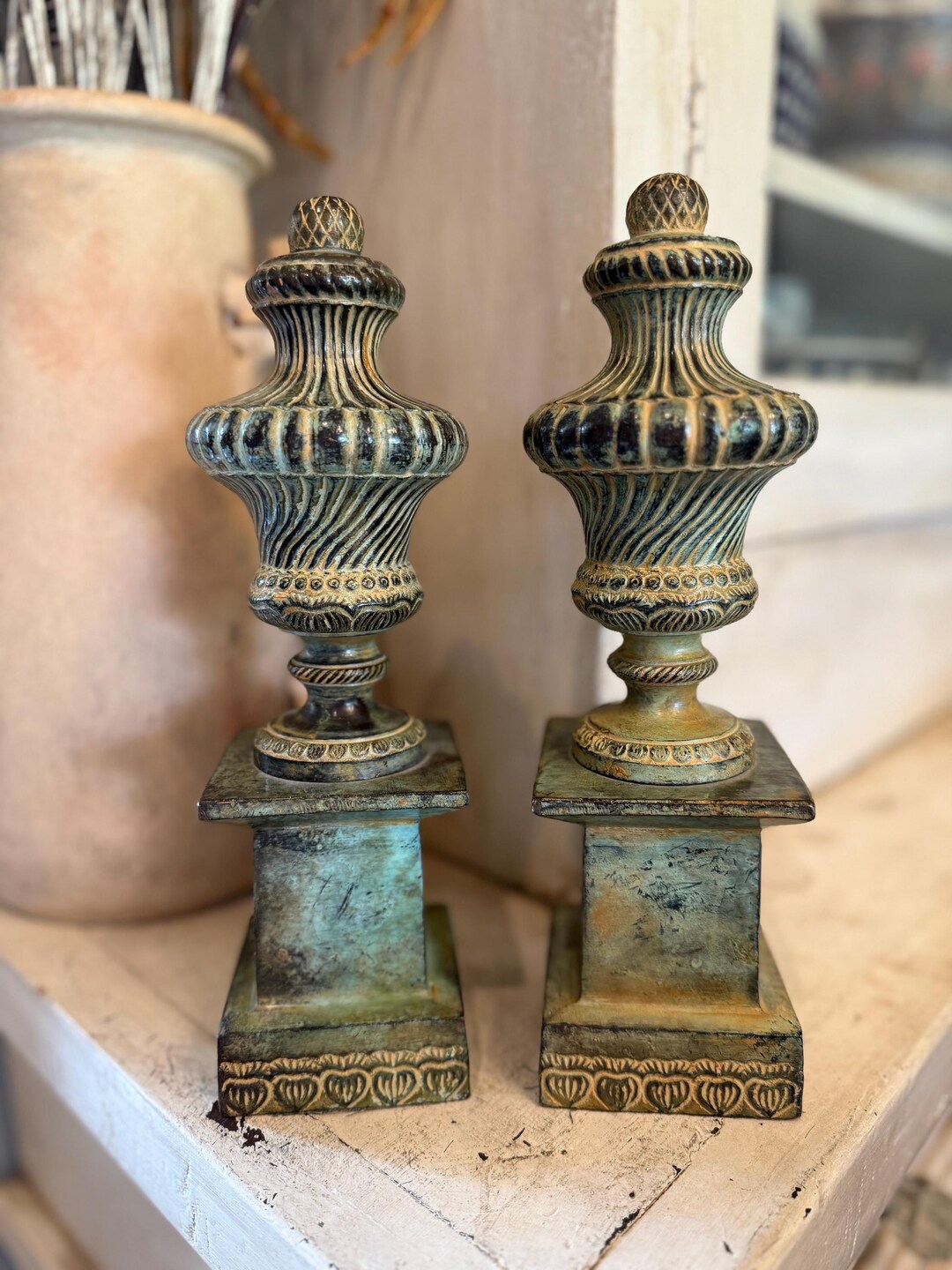 Pair of Vintage Neo Classical Style Metal Finial Patina Green - Etsy