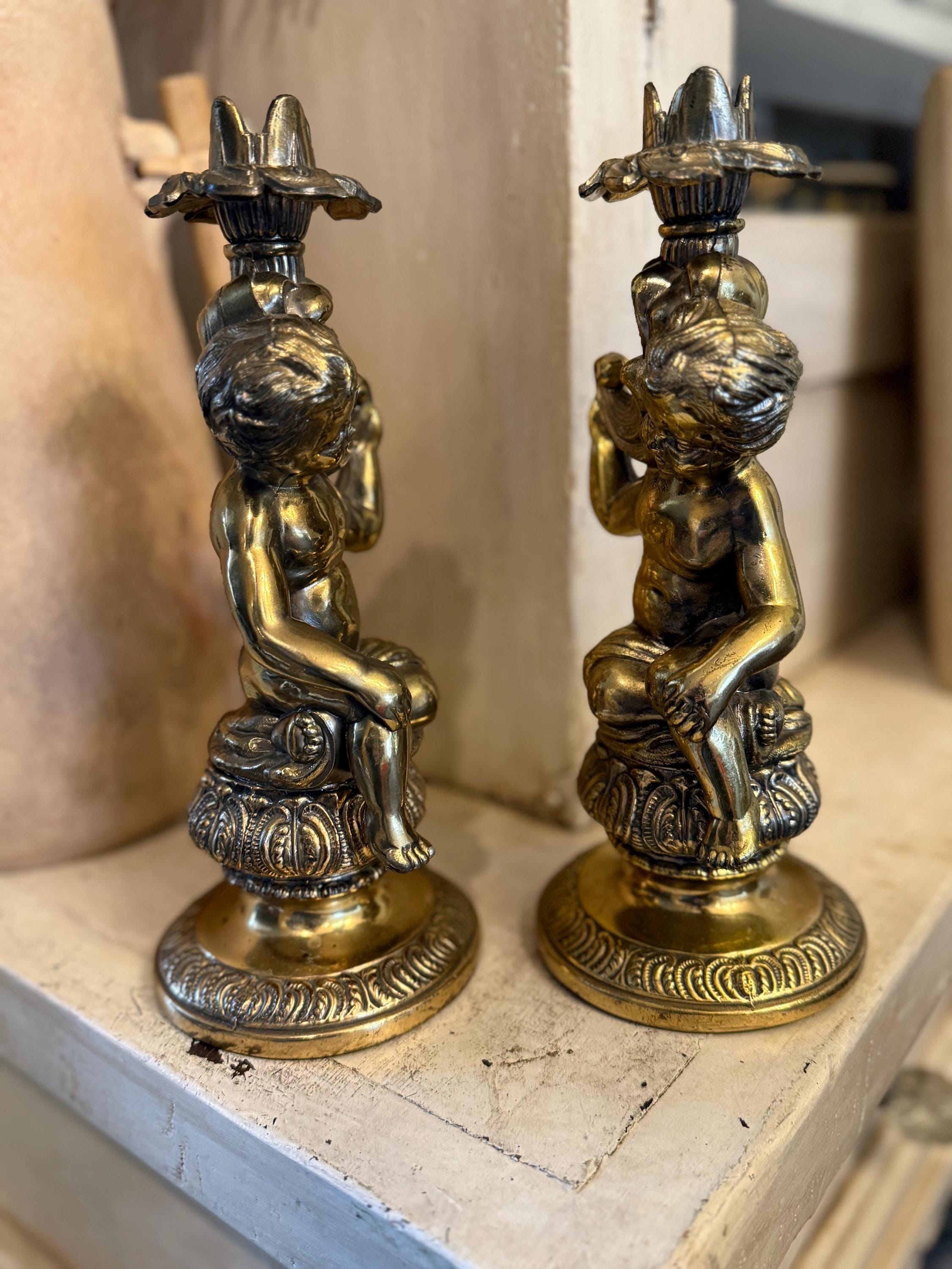 Pair of Vintage Ornate Rococo Style Brass Cherub Candle Stick Holders ...