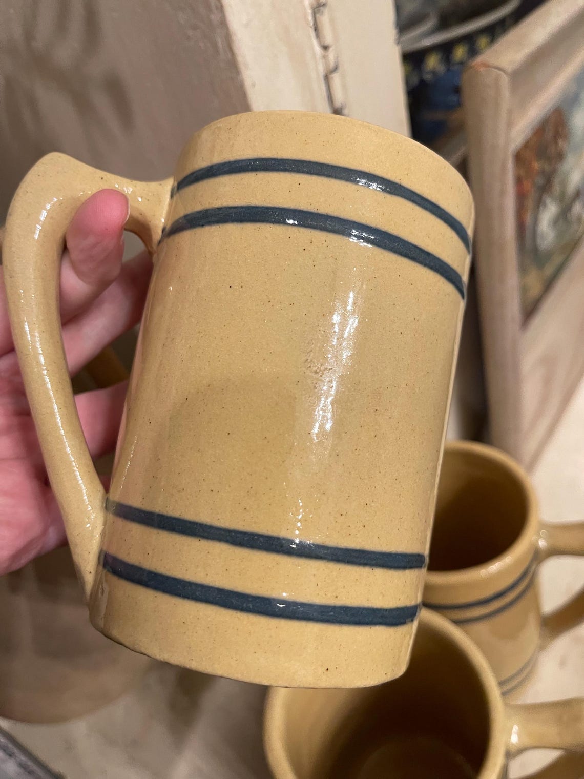 Set of Three Vintage Buckeye Stoneware Yellowware Blue Striped Mugs - Etsy
