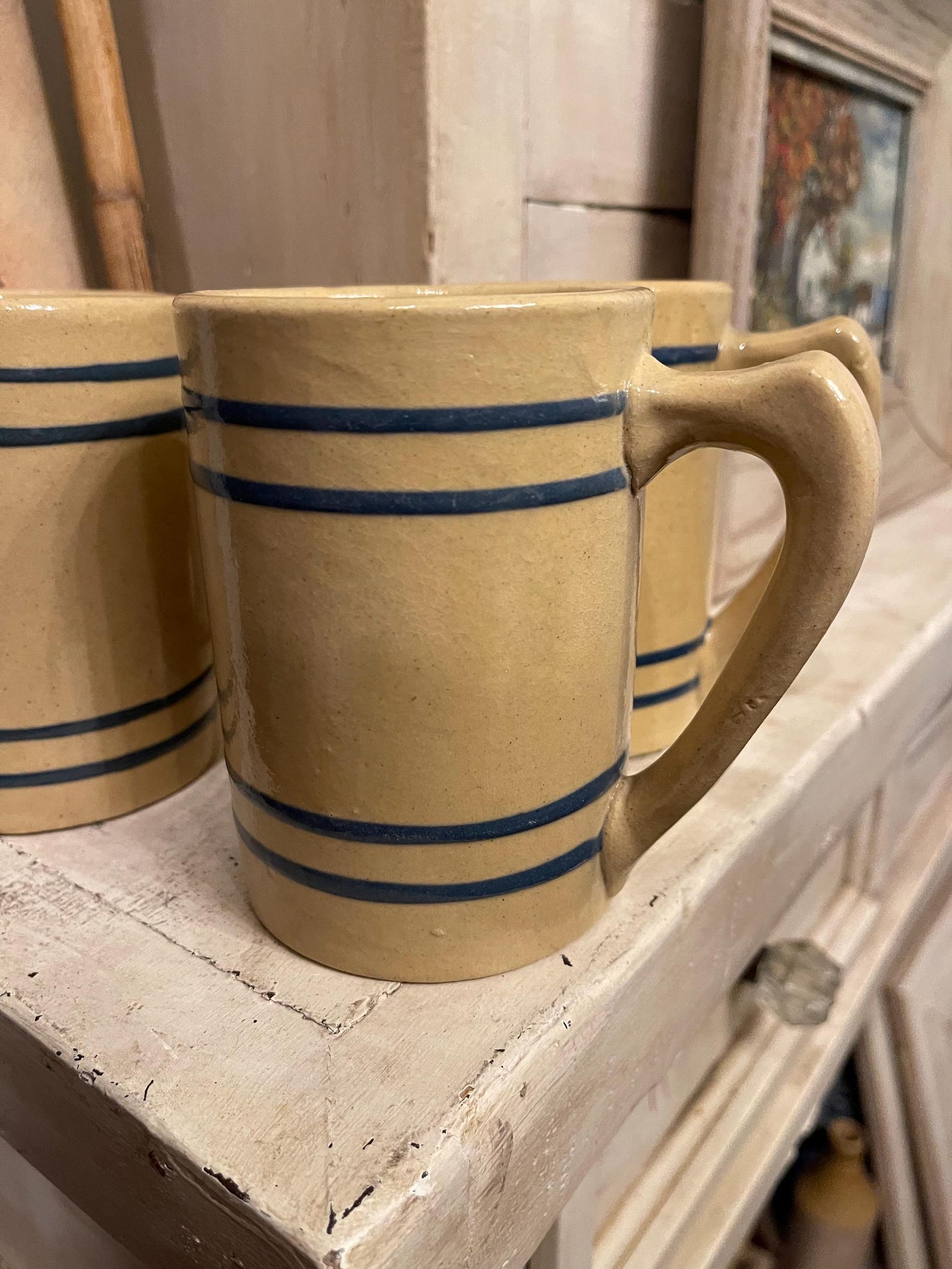Set of Three Vintage Buckeye Stoneware Yellowware Blue Striped Mugs - Etsy