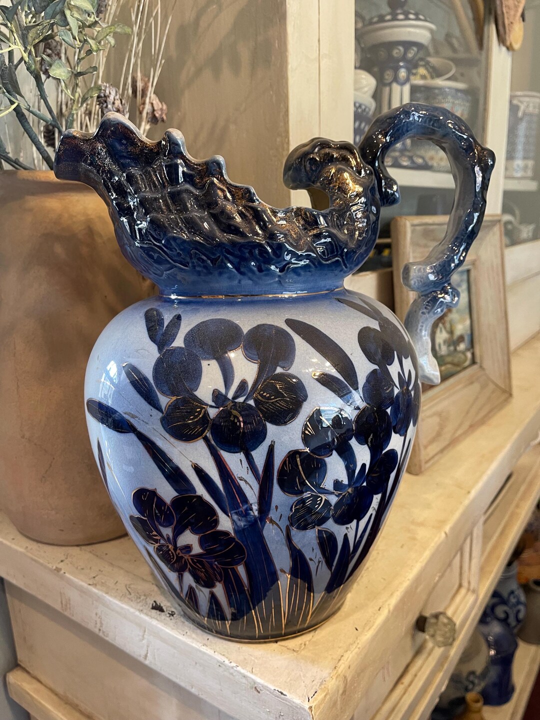 Vintage or Antique Large Flow Blue Floral Vase Ceramic Gold Accents - Etsy