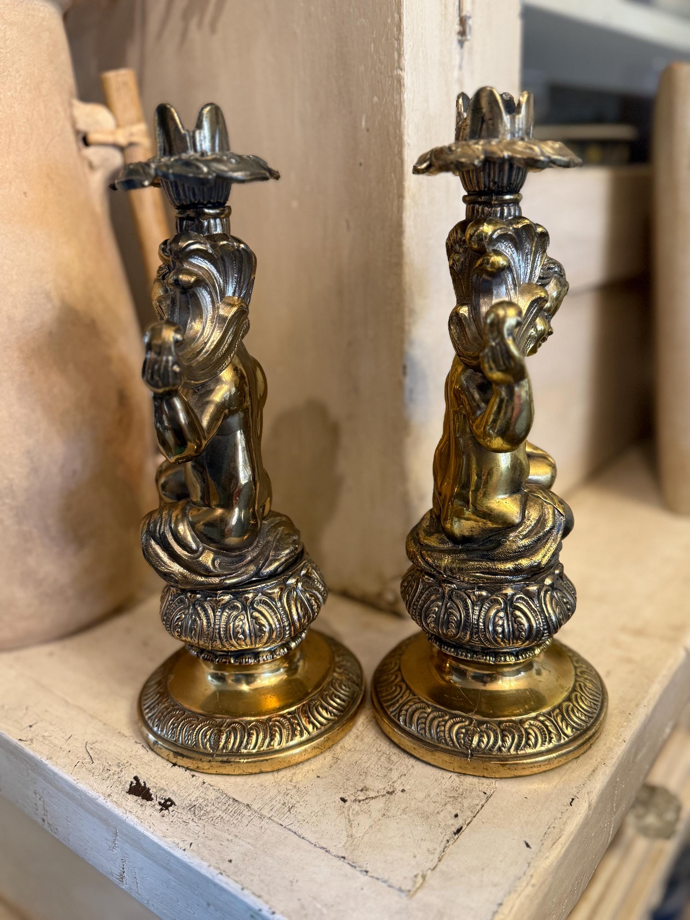Pair of Vintage Ornate Rococo Style Brass Cherub Candle Stick Holders ...