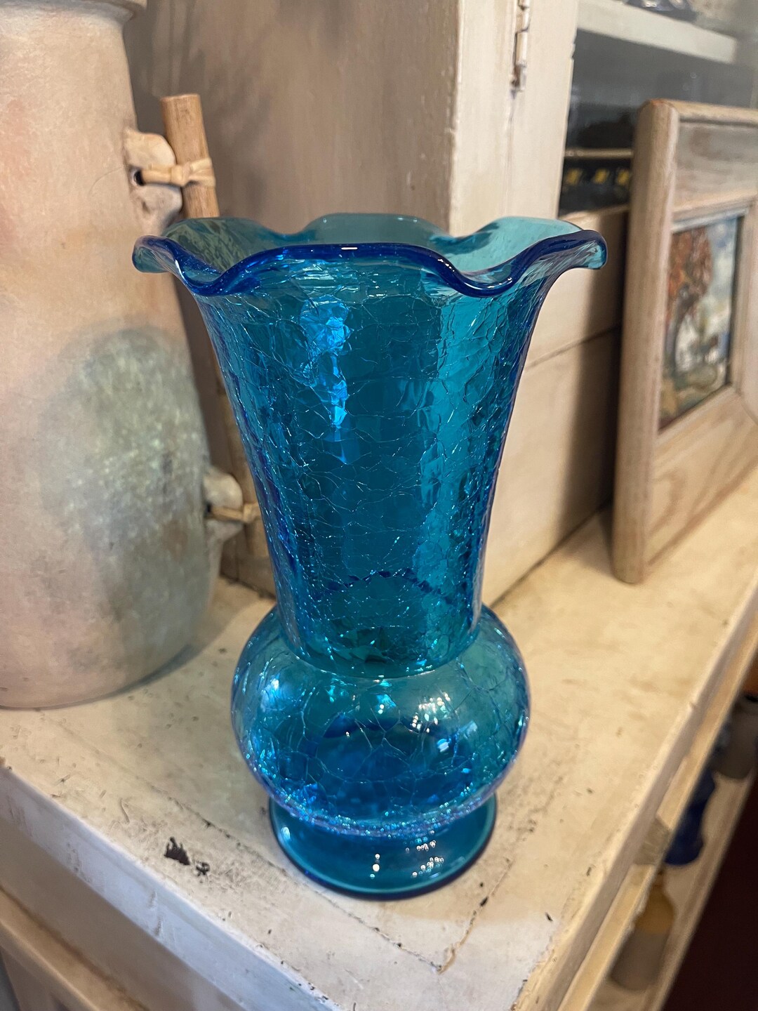 Vintage Blenko Azure Blue Crackle Vase Ruffled Edge - Etsy