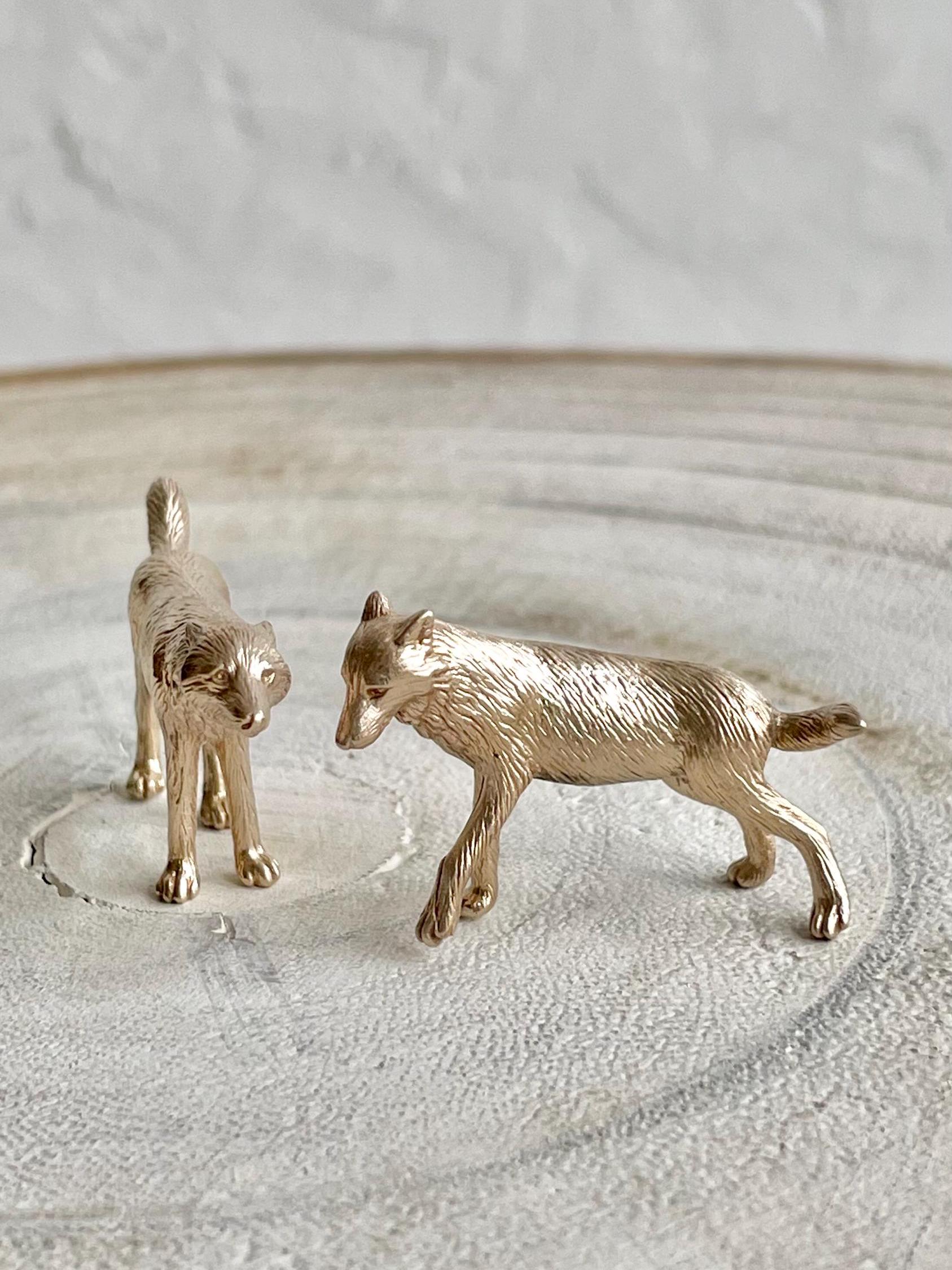 Mini Wolf Pair Figurine, Solid Cast Bronze, Realistic, Figurine ...