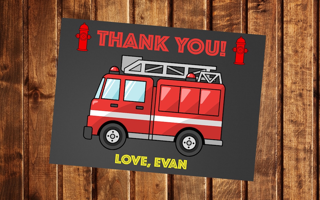 Fire Truck Thank You Card, Firetruck Thank You Card, Fireman Thank You ...