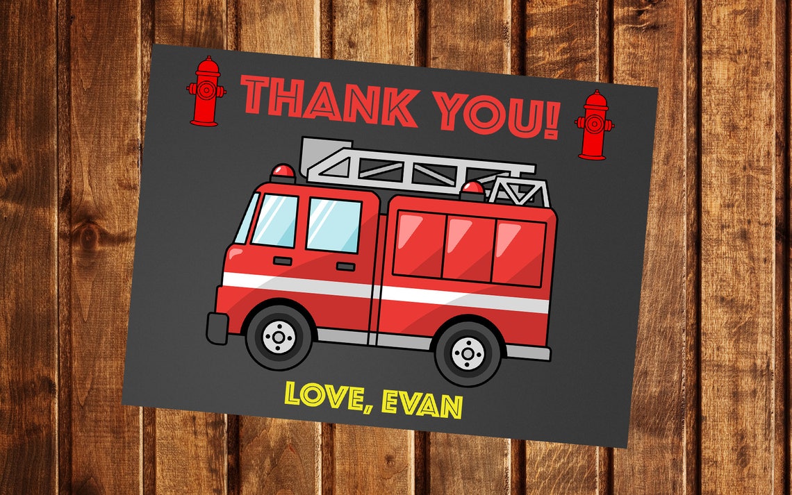 Fire Truck Thank You Card, Firetruck Thank You Card, Fireman Thank You ...