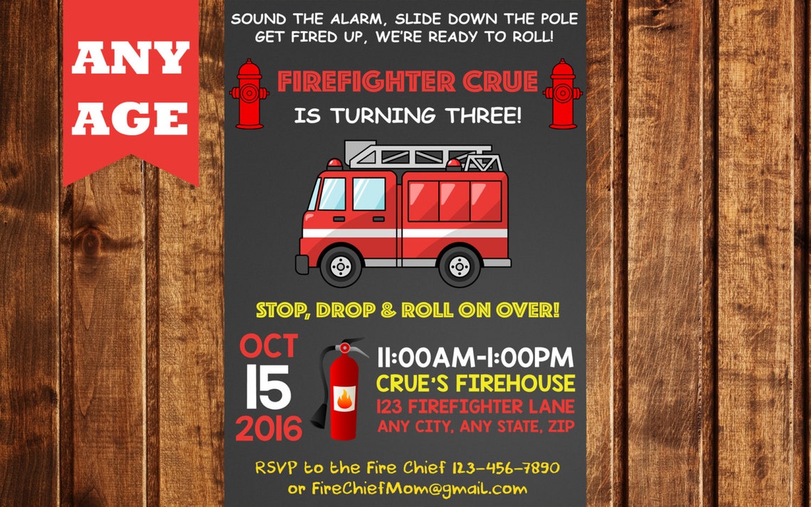 Fire Truck Invitation, Firetruck Invitation, Fireman Invitation ...